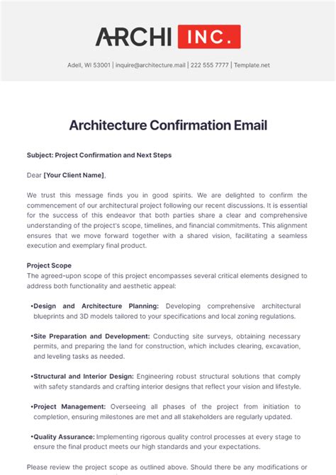 Free Architecture Confirmation Email Template To Edit Online