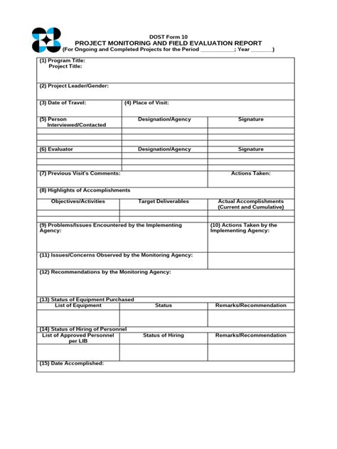 Form 10 Project Monitoring And Field Evaluation Report Pdf
