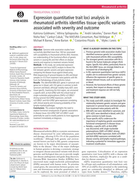 Pdf Expression Quantitative Trait Loci Analysis In Rheumatoid