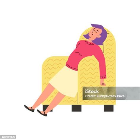 집에서 안락 의자에서 자고있는 여자 평평한 만화 벡터 일러스트 고립 앉음에 대한 스톡 벡터 아트 및 기타 이미지 앉음 의자