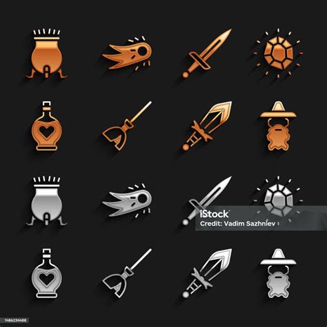 마녀 빗자루 마법의 돌 마법사 흑마법사 중세 검 사랑의 묘약이 든 병 단검 가마솥 불덩어리 아이콘을 설정하세요 벡터 가공의 인물에 대한 스톡 벡터 아트 및 기타 이미지