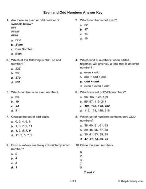 Even And Odd Numbers Worksheet Elementary Math Practice