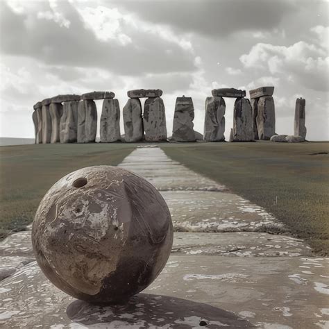 A Large Stone Sphere Is On The Ground In Front Of Some Rocks Premium