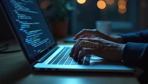 Hands Typing Code On Laptop Programmer Working On Software Cyber