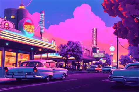 Nostalgic Retro Diner A Blast From The Past With Neon Lights And Cars