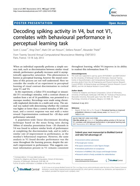 Pdf Decoding Spiking Activity In V4 But Not V1 Correlates With Behavioural Performance In