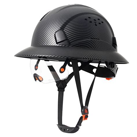 Matte Carbon Fiber Full Brim Safety Helmet With Built In Goggles Ansi