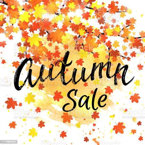 가을 세일 레터링 배너 추상수채화 배경에 질감이 있는 손으로 그린 타이포그래피와 다채로운 나뭇잎이 있는 계절별 할인 가을 포스터