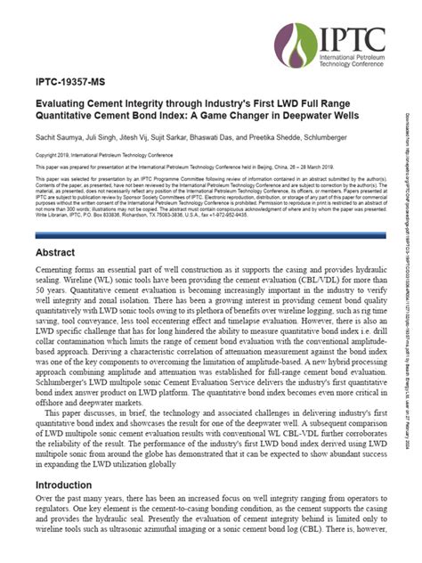 Evaluating Cement Integrity Through Industrys First Lwd Full Range Quantitative Cement Bond