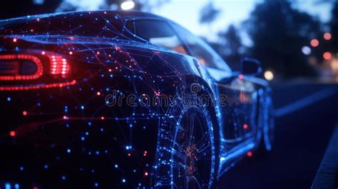 Autonomous Electric Car Driving On Road At Night Showing Neural Network And Sensor Data Stock
