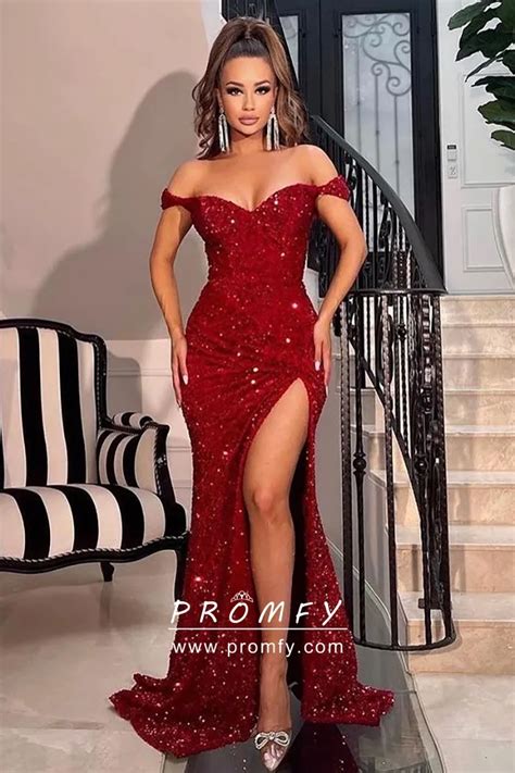 Red Sequin Off The Shoulder Mermaid High Slit Prom Dress Promfy