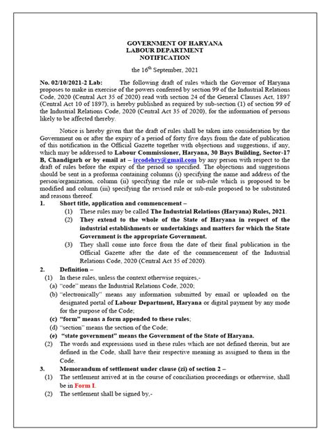 Haryana Draft Rules 2021 On Industrial Relations Code 2020 Pdf