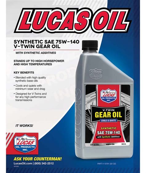 LUCAS OIL SYNTHETIC SAE 75W 140 V TWIN GEAR OIL 946ML Johnson S Trucks