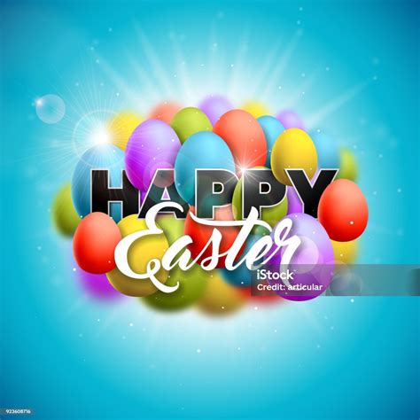빛나는 푸른 자연 배경에 그려진 계란 벡터 행복 한 부활절 휴가 그림 국제 축 하 인사말 카드 파티 초대장 또는 프로 모션 배너 클라우드 스카이와 타이 포 그래피 디자인