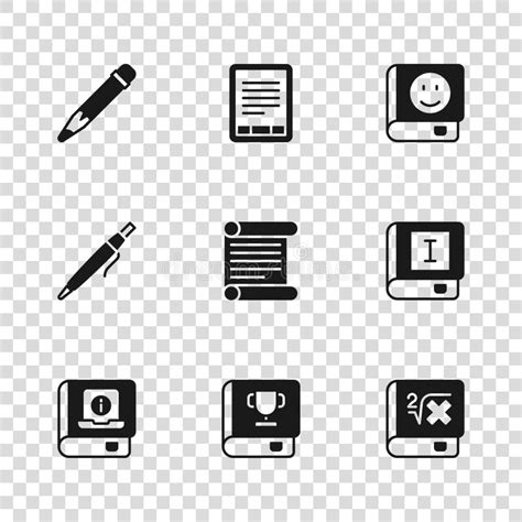 Set Book With Mathematics Decree Parchment Scroll Pencil Eraser E Book Reader And Icon