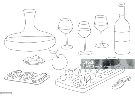 낙서 만화 흑백 라인 스타일 벡터 일러스트 치즈나 올리브와 같은 다양한 안경 디켄터 병 애피타이저가 있는 정물 또는 세트 와인 바 레스토랑 메뉴 광고 와인에 대한 스톡 벡터