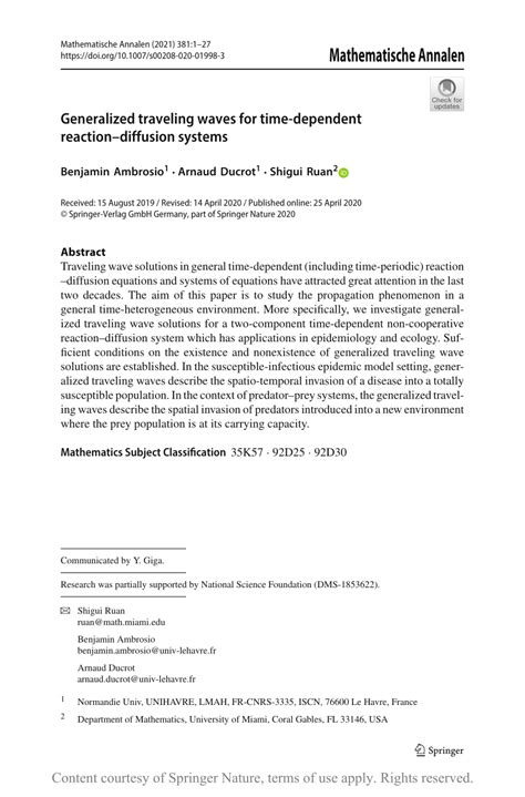 Generalized Traveling Waves For Time Dependent Reactiondiffusion Systems Request Pdf