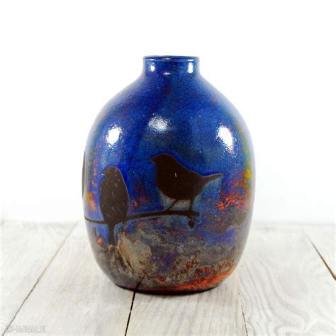 Ceramika Handmade Wazon Raku Wr Belki Ptaszki Technika Kula Dom Niebieskie Art Madam Pl