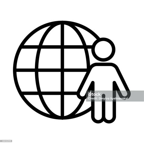 비즈니스 사람들은 흰색으로 격리된 벡터 아이콘을 간략하게 설명합니다 웹 및 Ui 디자인 모바일 앱 및 인쇄 제품을 위한 글로브 아이콘을 가진 남자 0명에 대한 스톡 벡터