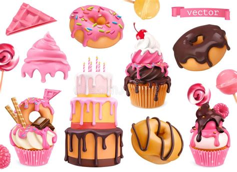 Sweets 3d Vector Realistic Objects Cupcakes Cake Donuts Candy Stock