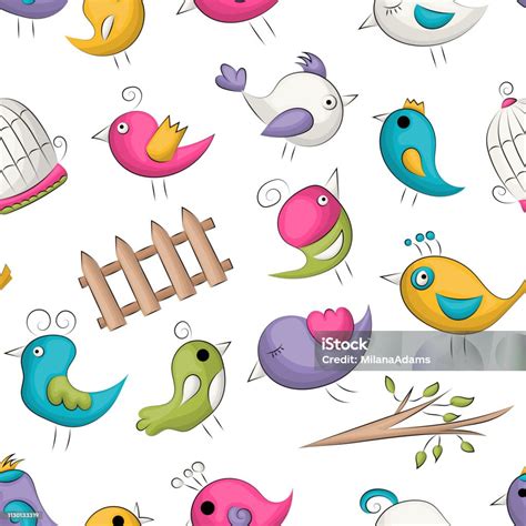 귀여운 새 들 완벽 한 패턴입니다 다채로운 유치 장식 배경을 반복 합니다 손으로 그린 낙서 만화 스타일 봄 여름 열 대 디자인 개념 벡터 일러스트입니다 날기에 대한 스톡