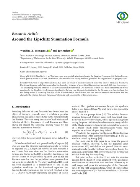 Pdf Around The Lipschitz Summation Formula