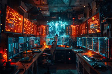Underground Hacker Den Multiple Screens With Cascading Stock Illustration Illustration Of