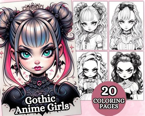 Gothic Anime Girls Coloring Pages For Adults Grayscale Coloring Page