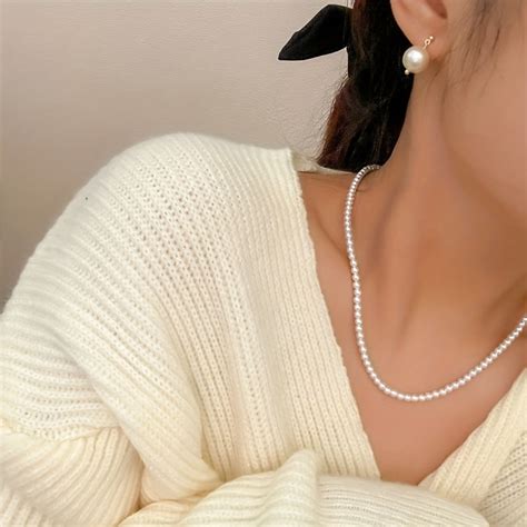 Korean Style White Faux Pearl Necklace Womens Single Layer Temu