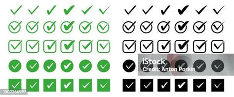 녹색 및 검은색 체크 마크 플랫 아이콘 세트입니다 다양한 모양의 진드기 마크의 실루엣 벡터 상징에 대한 스톡 벡터 아트 및 기타 이미지 Istock