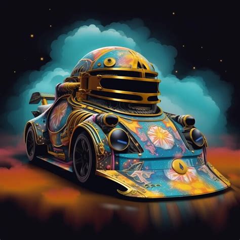 Premium Ai Image Brightly Colored Car With A Helmet On The Roof And A