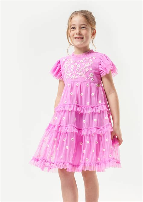 Girls Pink Floral Embroidered Mesh Dress