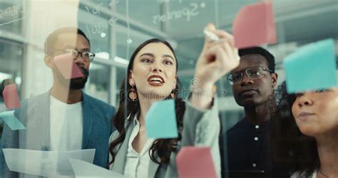 Writing Notes And People With Glass Wall Or Planning Solution With