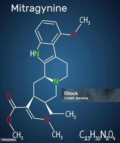 Mitragynine 분자 그것은 식물 Mi비극적 인에 의해 생성 된 아편 같은 속성 초본 알칼로이드 Kratom 어두운 파란색
