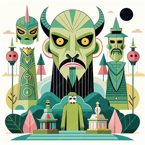 Colorful Illustration Of Stylized Statues And Figures In A Mystical