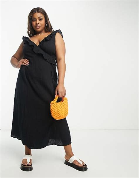 Asos Design Curve Wickel Sommerkleid In Schwarz Mit Midilänge Und