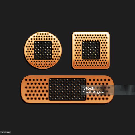 검은 색 배경에 고립 된 골드 세트 붕대 석고 아이콘 의료 석고 접착제 붕대 유연한 직물 붕대 긴 그림자 스타일 벡터 1위에 대한 스톡 벡터 아트 및 기타 이미지 Istock