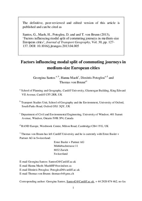 Pdf Factors Influencing Modal Split Of Commuting Journeys In Medium Size European Cities
