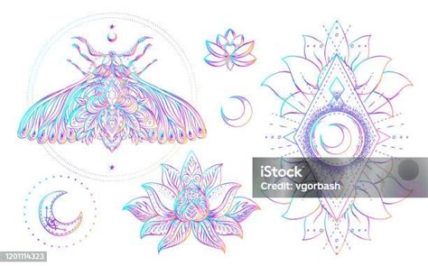 신성한 형상 및 부 기호 세트입니다 조화와 균형의 아유르베다 기호 문신 디자인 요가 로고 포스터 티셔츠 직물 검은 색 위에 다채로운 무지개 그라데이션 0명에 대한 스톡 벡터