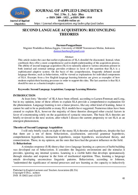 Pdf Second Language Acquisition Reconciling Theories