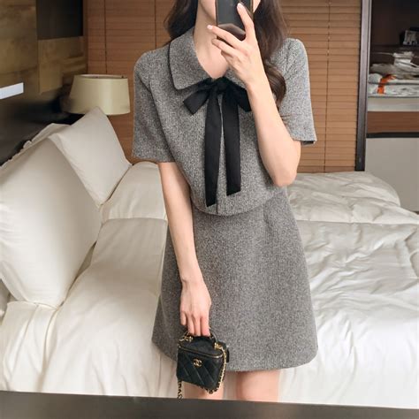 아뜨랑스 리본탈부착🚚부분당일발송 프렛 리본 타이 카라 트위드 반팔 미니 하객룩원피스 반팔트위드 트위드카라 인생샷원피스 원피스 Op15601