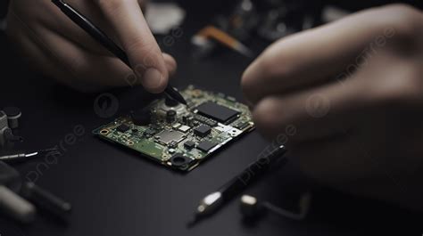 Person Working On A Microprocessor With Tools Background Where To Fix