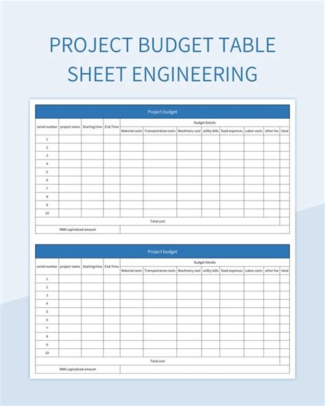 Project Budget Table Sheet Engineering Excel Template And Google Sheets File For Free Download