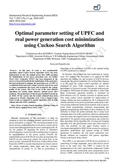 Pdf Ieej Aug 2017 Optimal Parameter Setting Of Upfc And Real Power