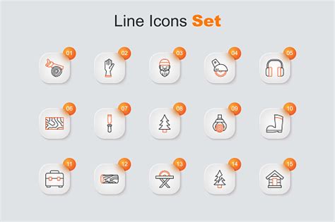 세트 라인 개집 나무 전기 원형 톱 나무 통나무 도구 상자 방수 고무 부츠 그래플 크레인 잡기 및 아이콘 벡터 가루로 빻은에
