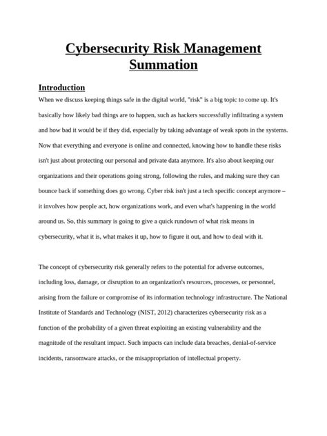 Cybersecurity Risk Management Summation Pdf Risk Computer Security