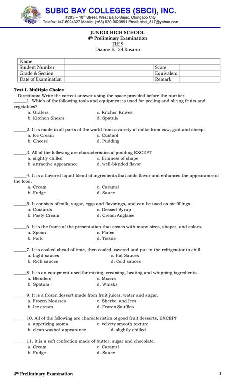 Tle9 4th Q Prelim A Practice Test In Tle Grade 9 4 Th Preliminary