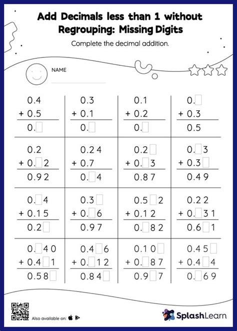 Add Decimals Less Than 1 Without Regrouping Missing Digits Math