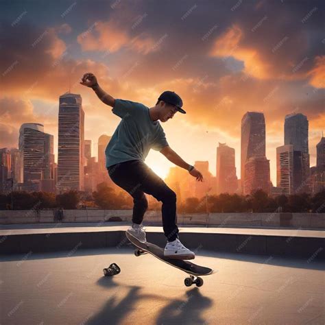 A Man On A Skateboard Is Riding In Front Of A City Skyline Premium Ai