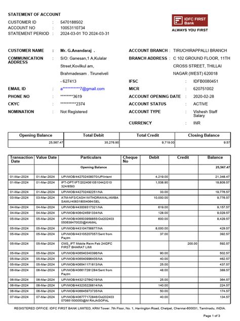 Idfcfirstbankstatement 10053110734 084514195 Pdf Automated Teller Machine Debit Card